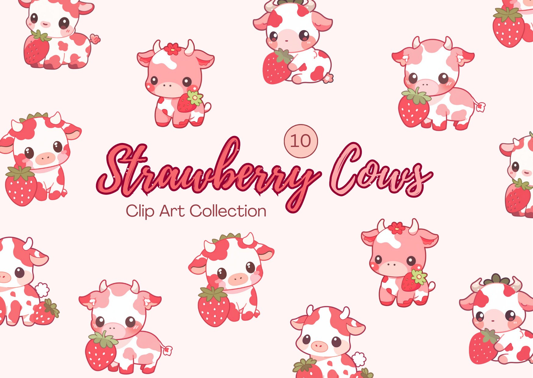 Cartoon Strawberry Cow Clipart - Blueberry Cow Clipart - Cute Kawaii ...