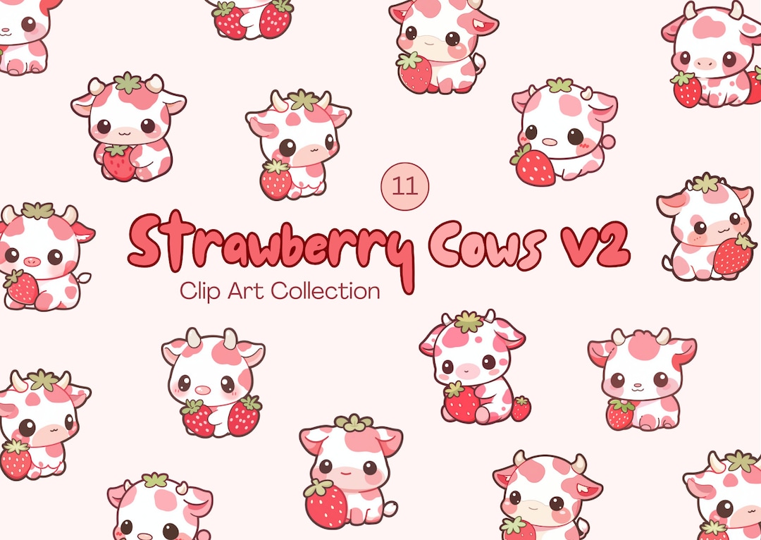 Strawberry Cow Clipart - Cute Kawaii Cartoon Cow Clip Art - Strawberry Cow Stickers - Instant ...
