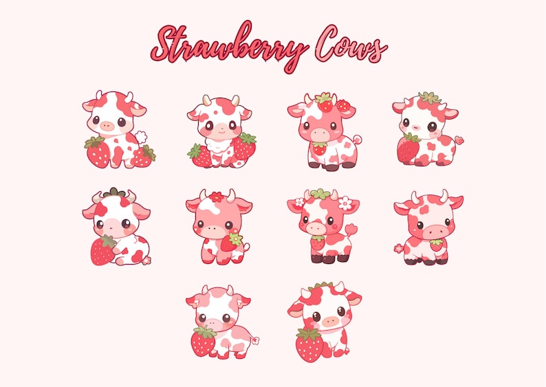 Cartoon Strawberry Cow Clipart - Cute Kawaii Cow Clip Art - Strawberry ...