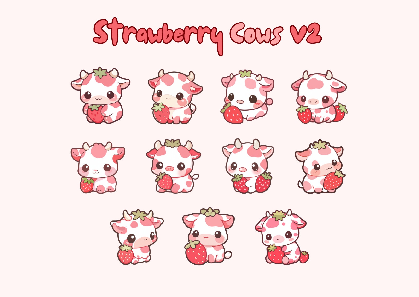 Strawberry Cow Clipart Bundle - Cute Kawaii Cartoon Cow Clip Art ...