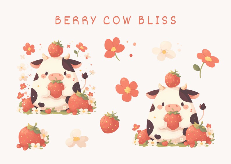 Strawberry Cow Clipart - Cute Kawaii Cow Clip Art - Cartoon Strawberry ...
