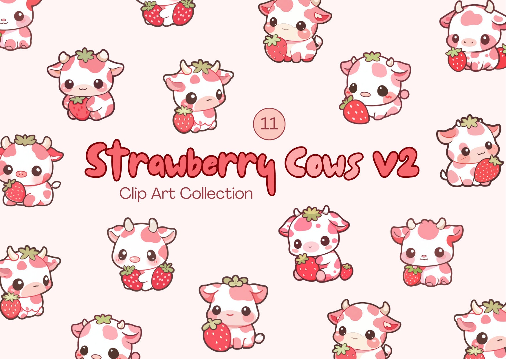 Strawberry Cow Clipart Bundle - Cute Kawaii Cartoon Cow Clip Art ...