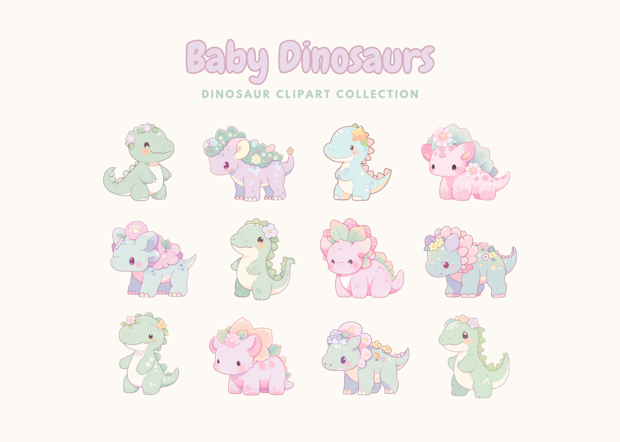 Cute Dinosaur Clipart - Floral Baby Dinosaur Stickers - Kawaii Dinosaur ...