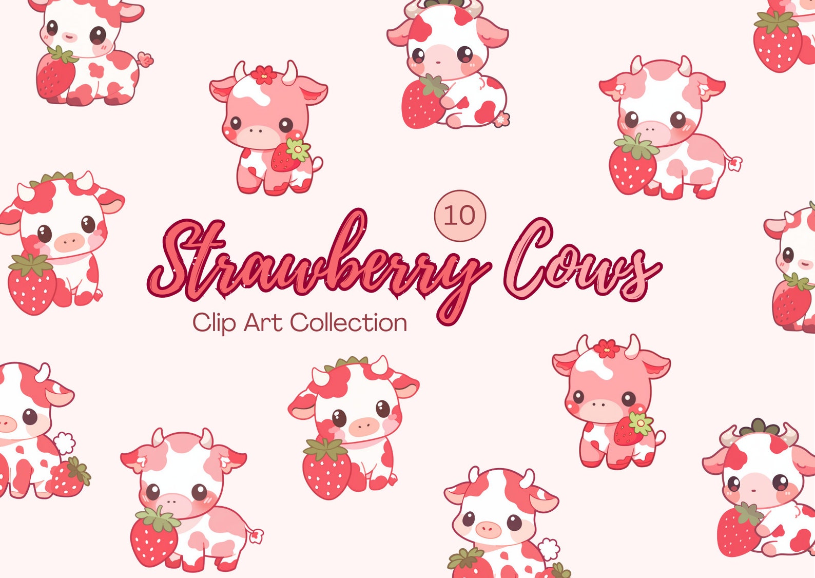 Cartoon Strawberry Cow Clipart - Cute Kawaii Cow Clip Art - Strawberry ...