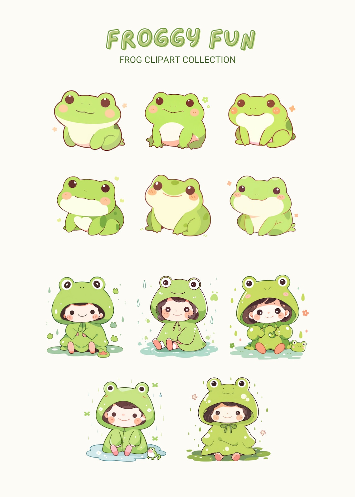 Cute Kawaii Frog Clipart - PNG Instant Download Bundle - DIY Invitation ...