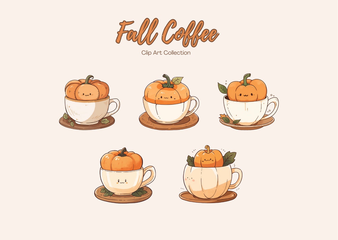 Fall Coffee Clipart - Pumpkin Spice Latte Clipart - Kawaii Cute Autumn ...