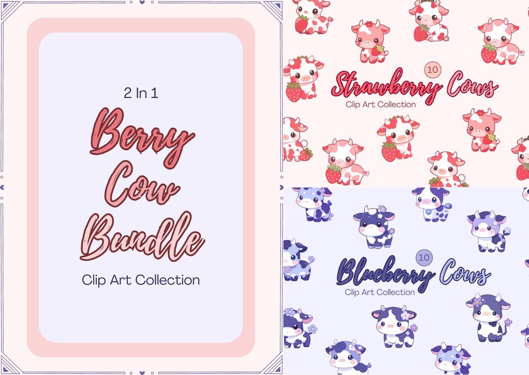 Cartoon Strawberry Cow Clipart - Blueberry Cow Clipart - Cute Kawaii ...