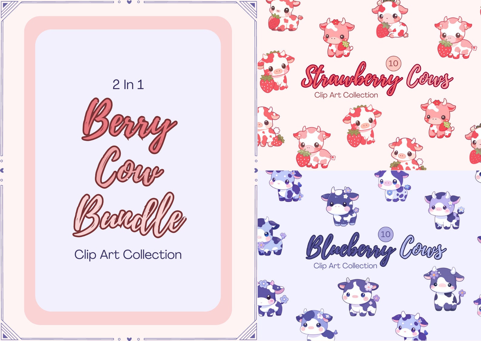 Cartoon Strawberry Cow Clipart - Blueberry Cow Clipart - Cute Kawaii ...