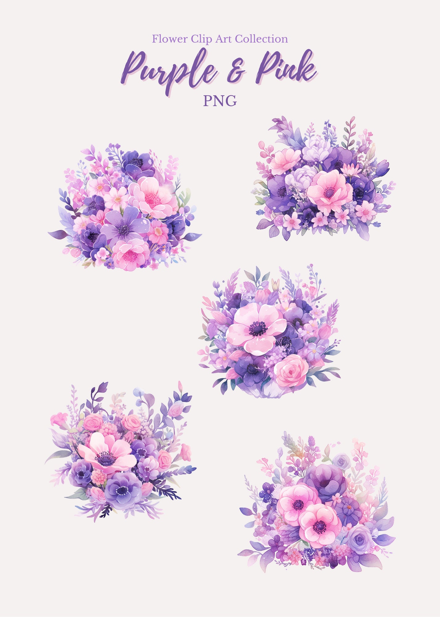 Pink & Purple Watercolor Floral Clipart - Flower Stickers - Wedding and ...