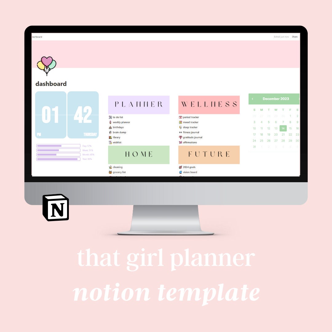 Notion That Girl Planner Template | Cute Pastel Notion Template | That ...