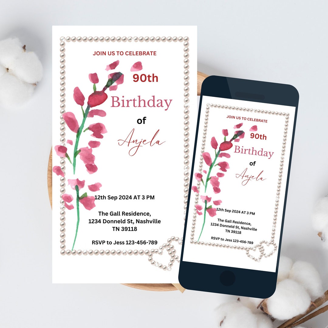 Digital 90th Birthday Party Invite Floral Garden 90 Birthday Invitation ...