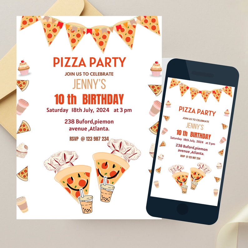 DIY Editable Pizza Party Birthday Invitation Pizza Beverage Birthday ...