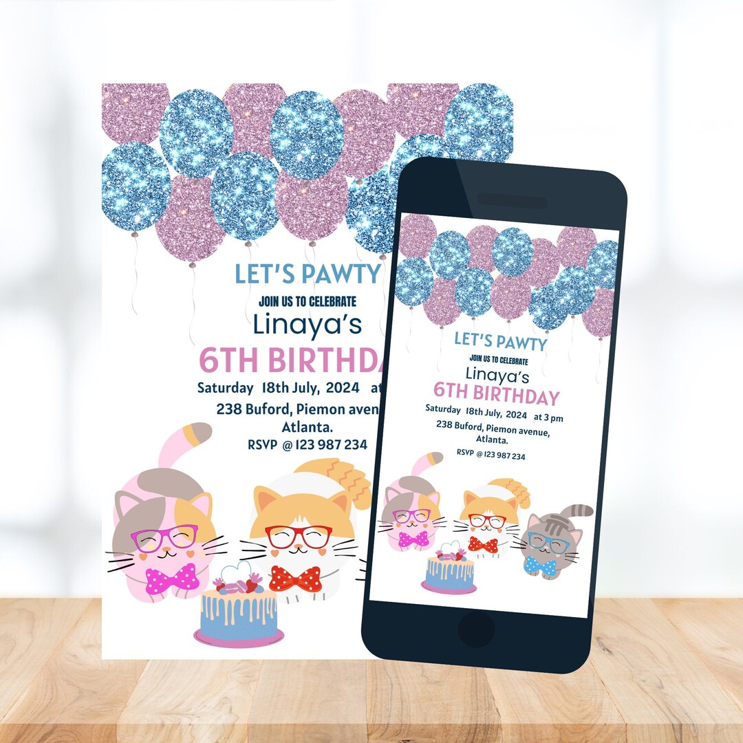 Invitación de cumpleaños editable de Pawty Kitty Cat Birthday Party ...