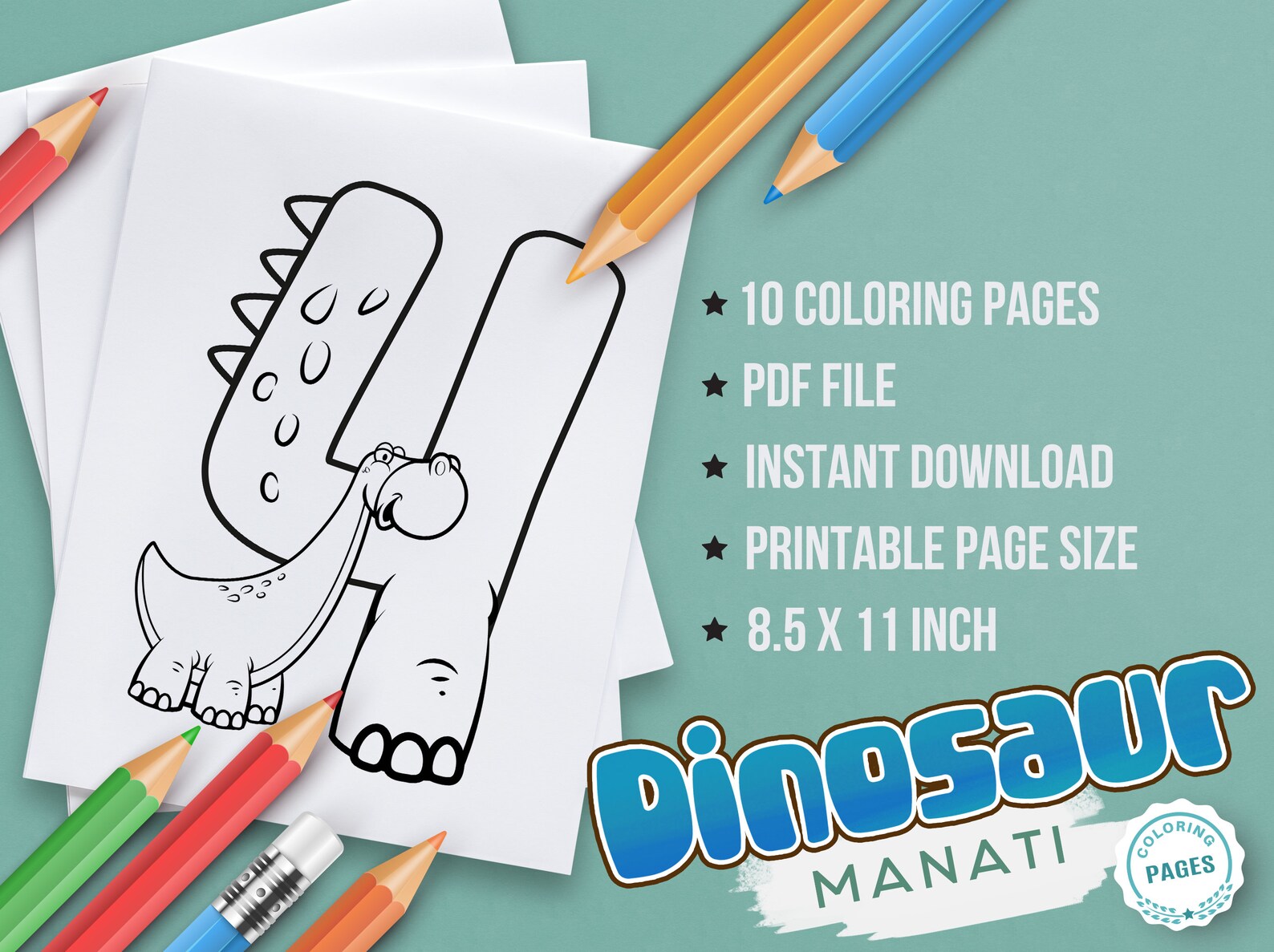 Dinosaur Coloring Pages, PDF Printable Download of 10 Dinosaurs ...