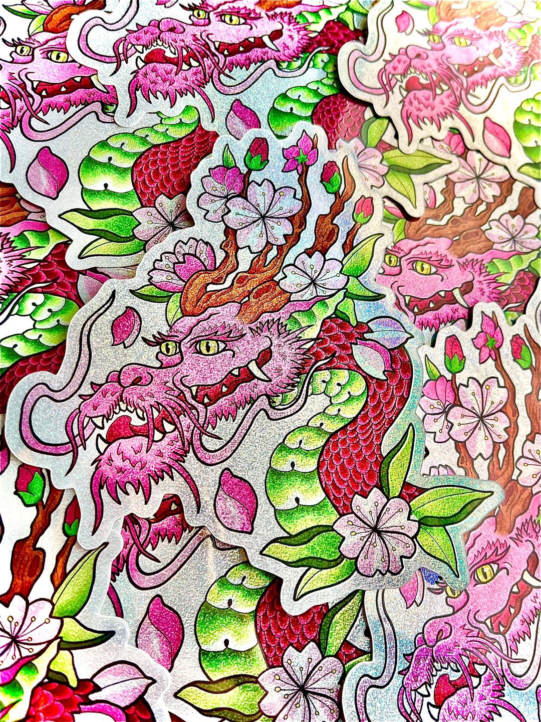 Cherry Blossom Dragon Glitter Sticker | Pixie Dust Glossy Vinyl ...