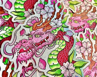 Cherry Blossom Dragon Glitter Sticker | Pixie Dust Glossy Vinyl ...