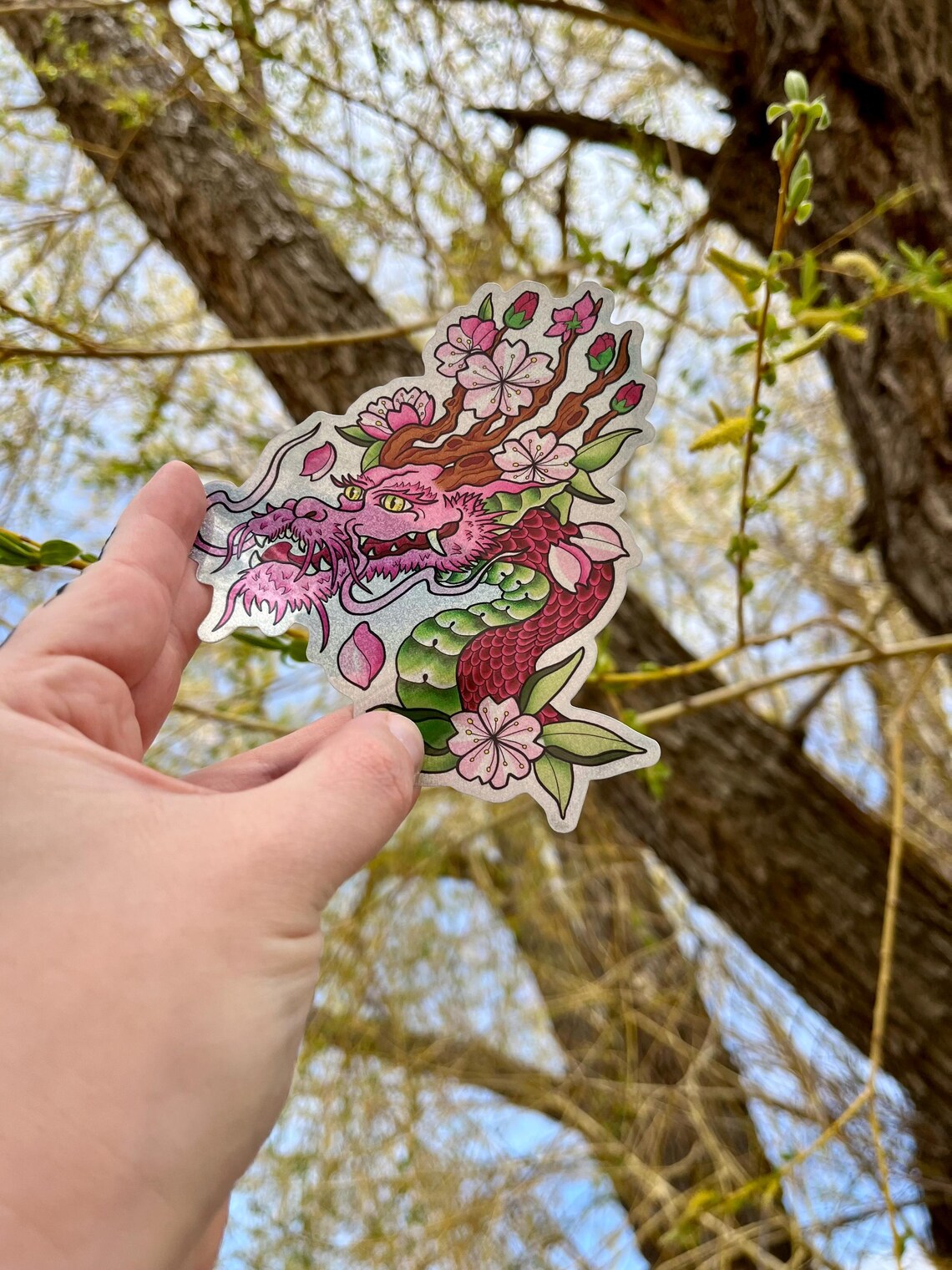 Cherry Blossom Dragon Glitter Sticker | Pixie Dust Glossy Vinyl ...