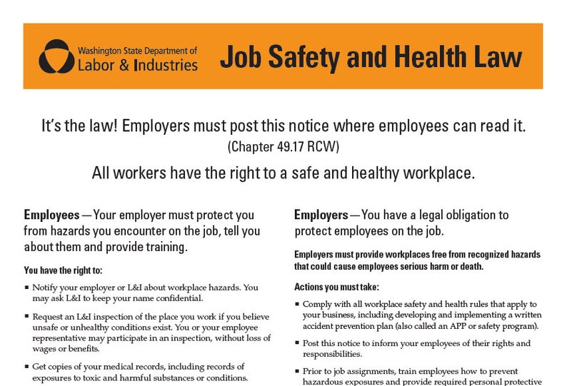WA State Job Safety and Health Law Poster - Etsy