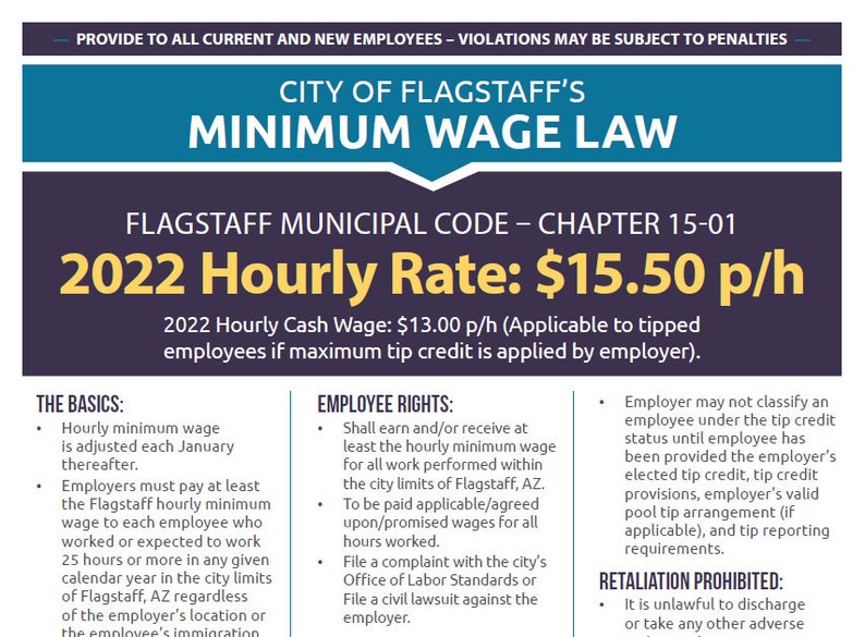 Flagstaff, AZ 2022 Minimum Wage Law Poster - Etsy