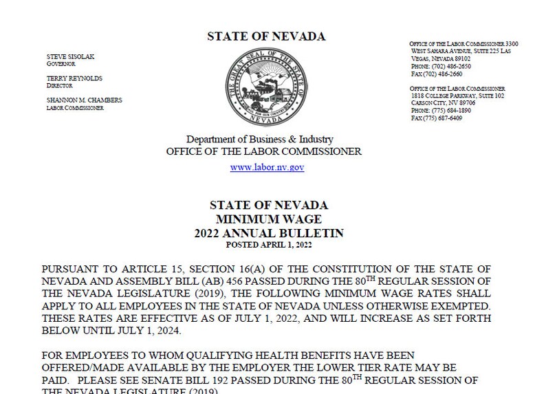NV State 2022 Minimum Wage Poster - Etsy