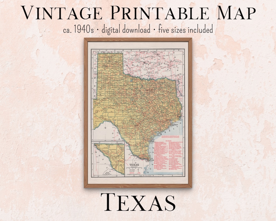 Texas Vintage Printable Map 1940s Atlas | Instant Download 11x14, 18x24 ...