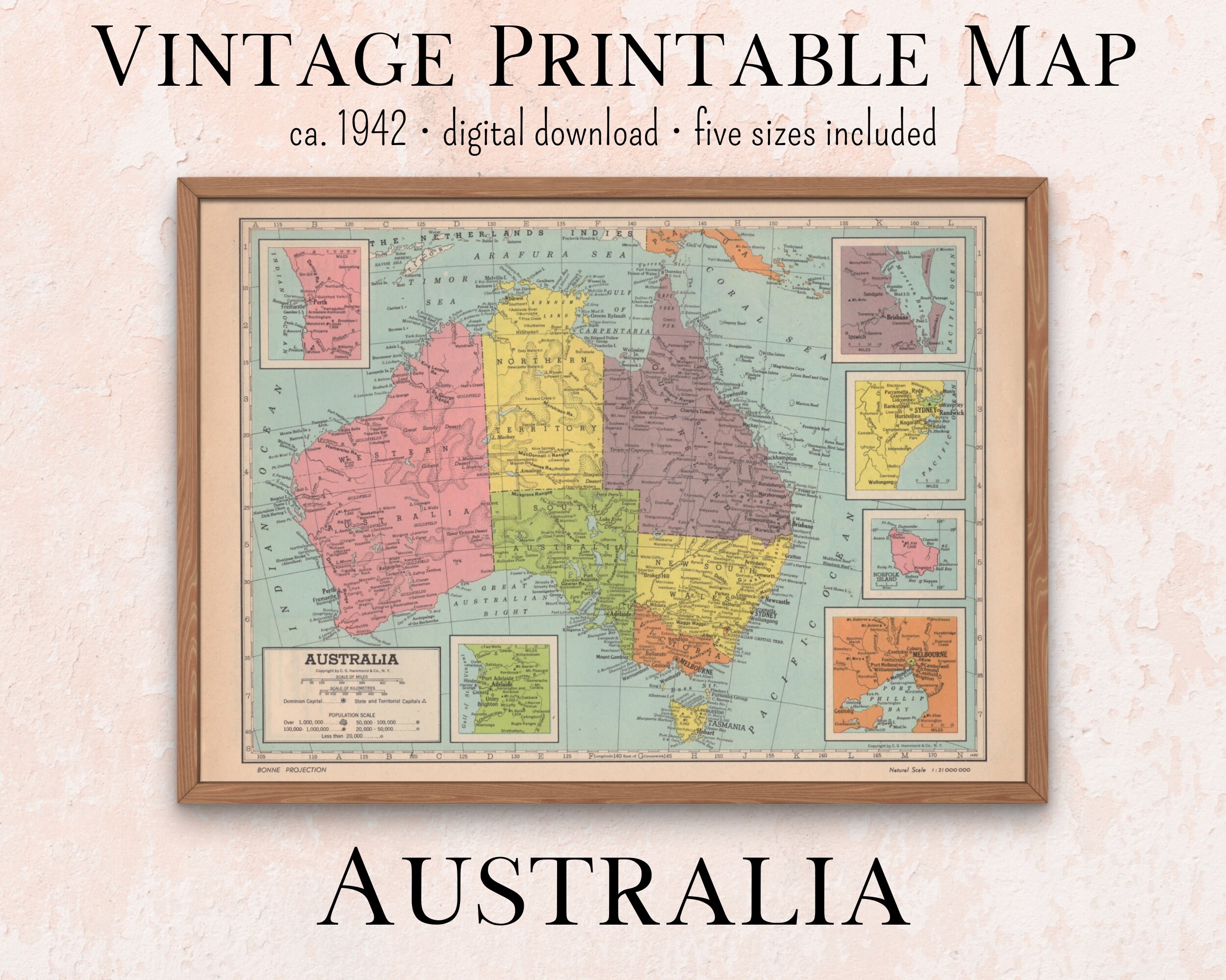 Australia Vintage Printable Map 1940s Atlas, Instant Download 11x14 ...