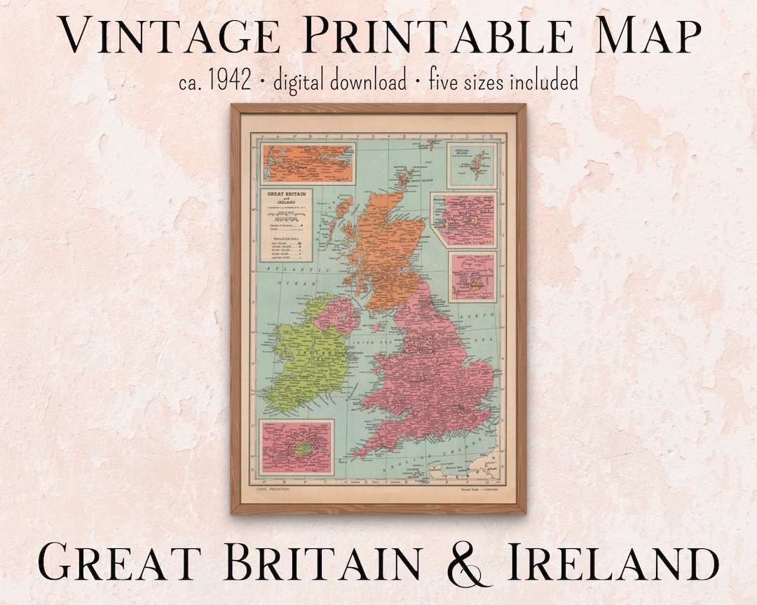 Great Britain & Ireland Vintage Printable Map 1940s Atlas, Instant ...