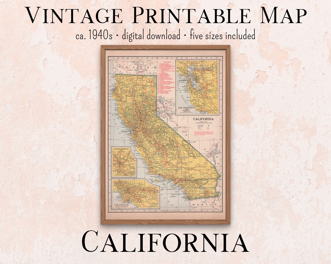 California Vintage Printable Map 1940s Atlas Instant Download 11x14 ...