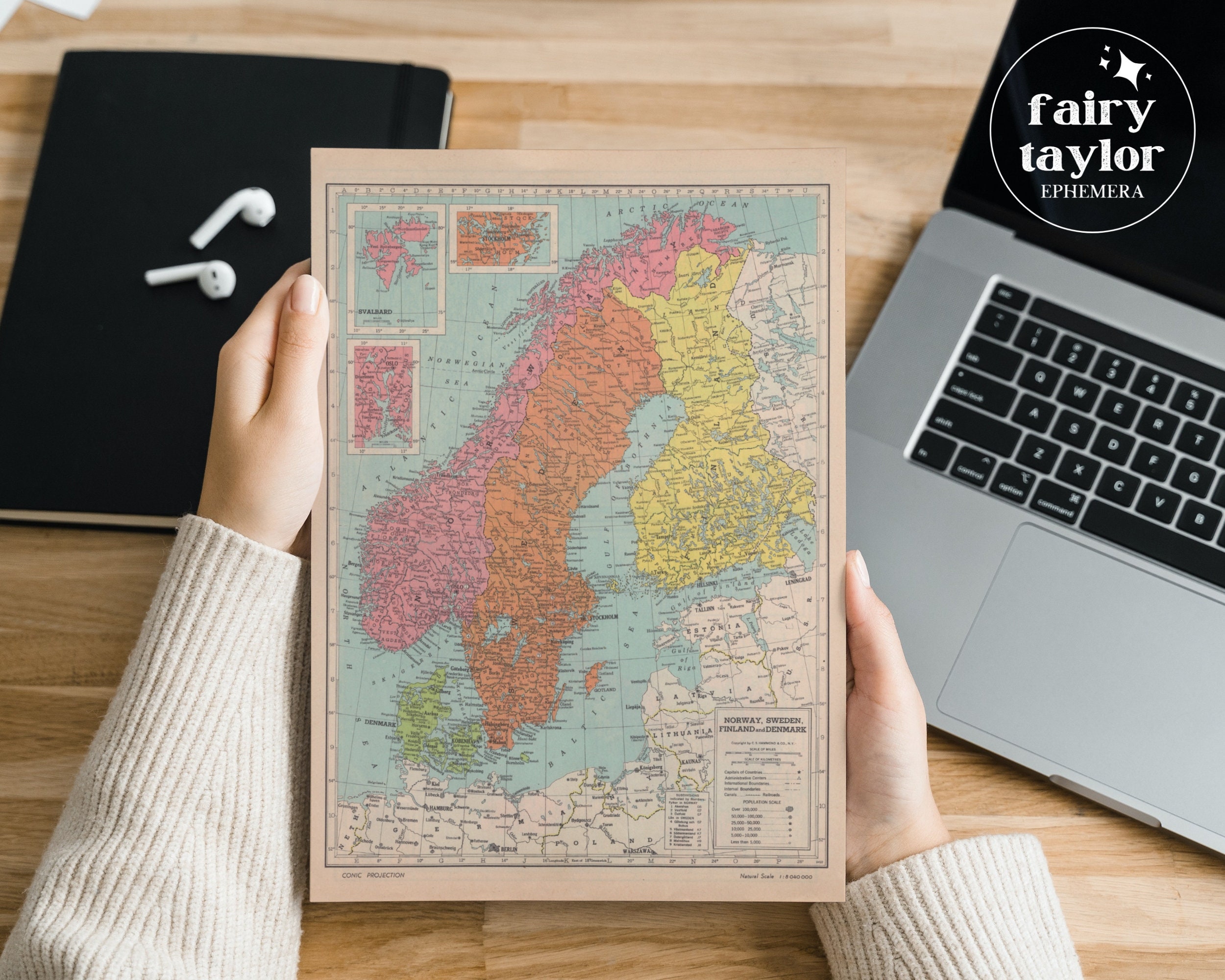 Norway, Sweden, Finland & Denmark Vintage Printable Map 1940s Atlas ...