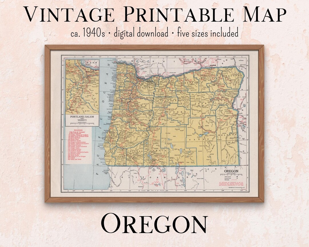 Oregon Vintage Printable Map 1940s Atlas | Instant Download 11x14 ...
