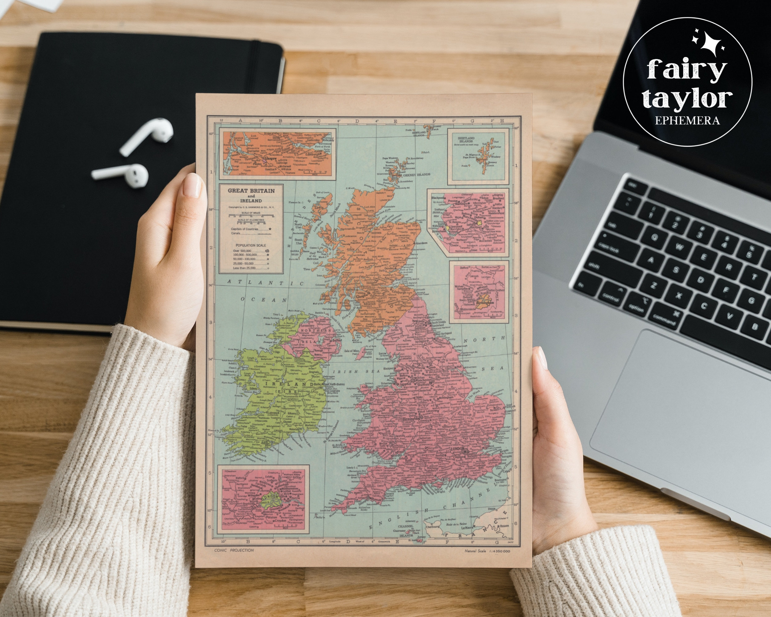 Great Britain & Ireland Vintage Printable Map 1940s Atlas, Instant ...