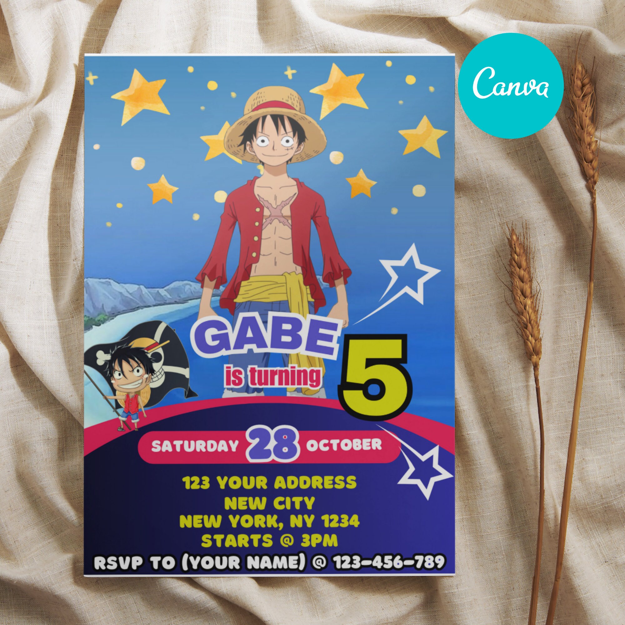 Luffy Editable Birthday Invitation Luffy Anime Invitation - Etsy