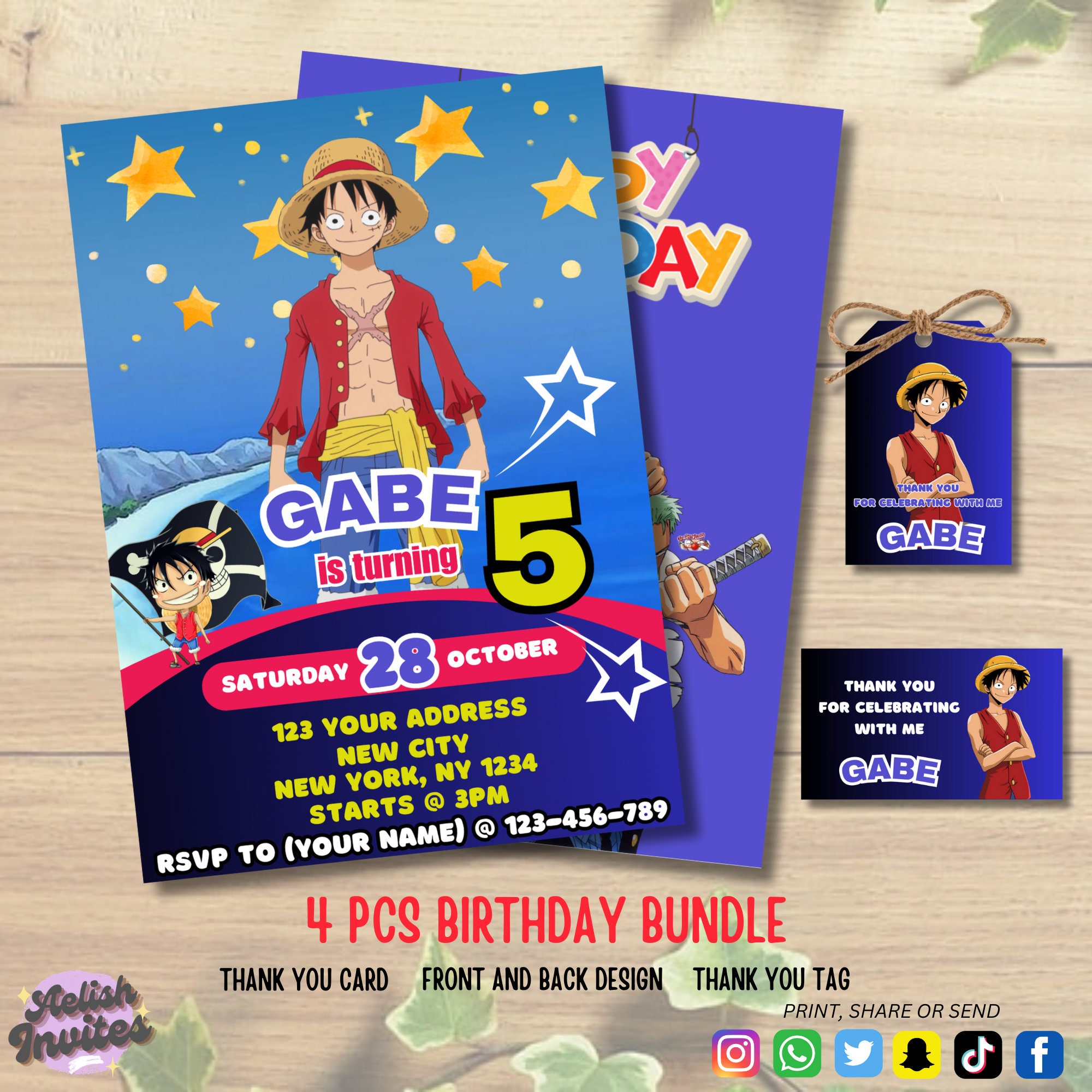Luffy Editable Birthday Invitation Luffy Anime Invitation - Etsy
