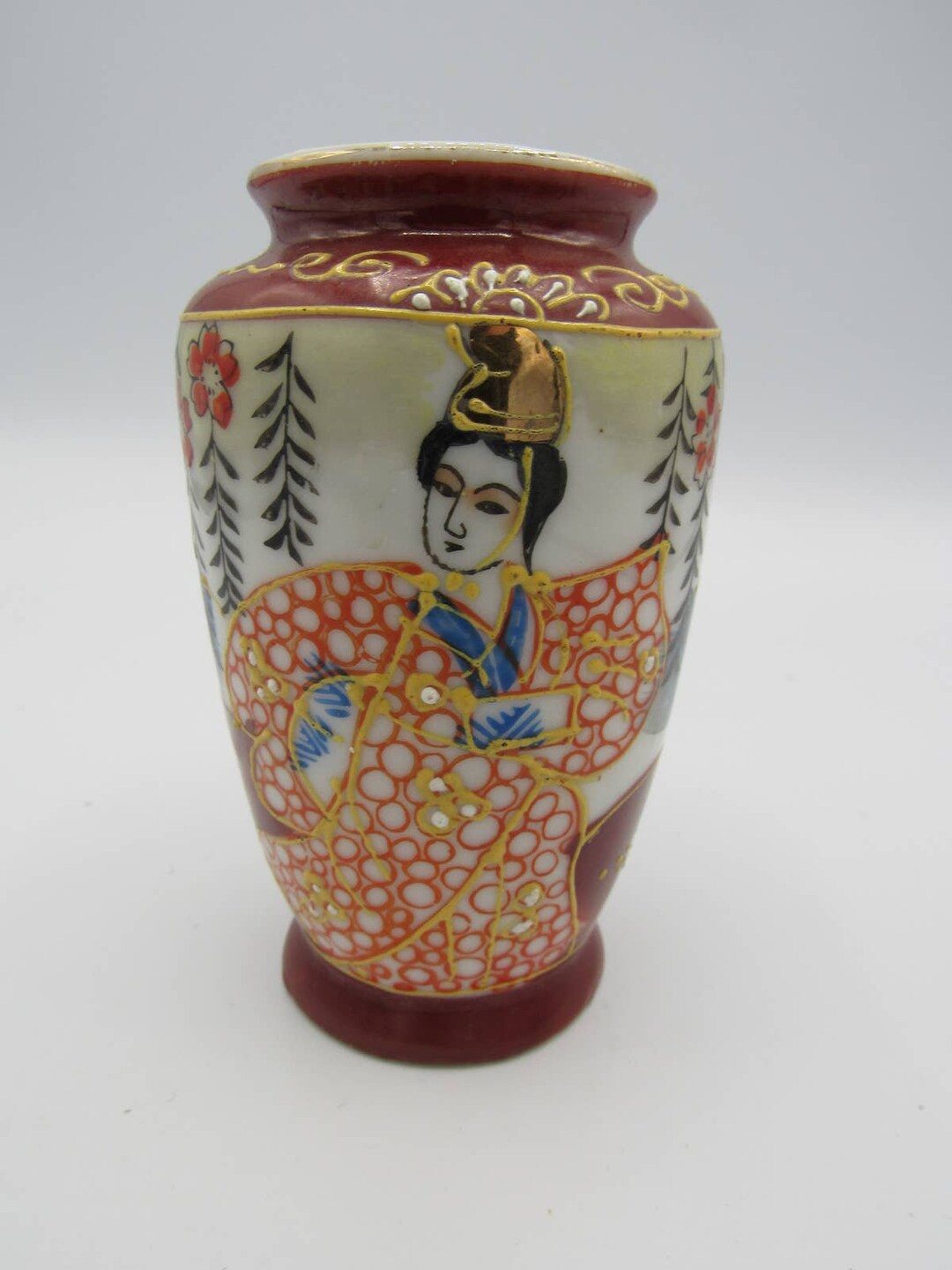Satsuma-style Miniature Vase Geisha Raised Porcelain Vintage Japanese ...