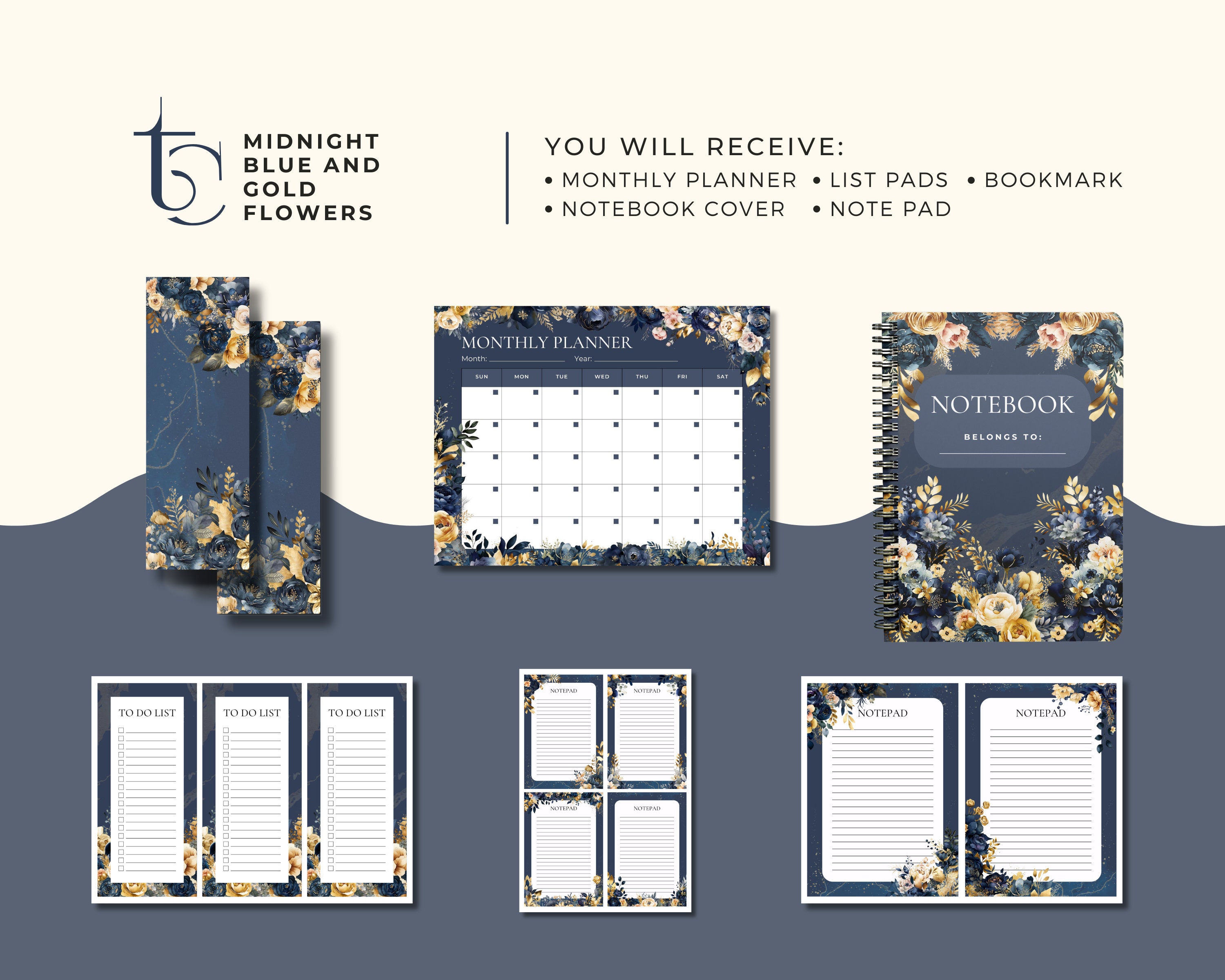 Midnight Blue and Gold Flowers Stationery Design, Floral Prints Paper ...