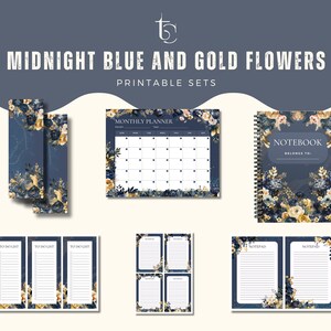 Midnight Blue and Gold Flowers Stationery Design, Floral Prints Paper ...