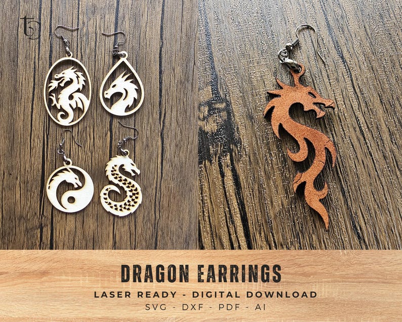 Wood Laser Cut Files Earrings: Dragon Earring SVG Bundle, Laser Ready ...
