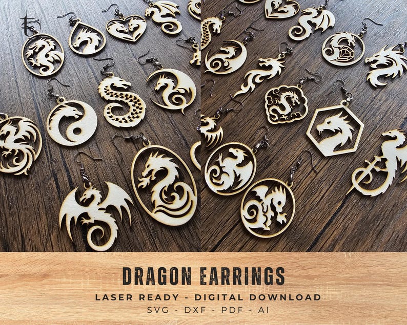 Wood Laser Cut Files Earrings: Dragon Earring SVG Bundle, Laser Ready ...