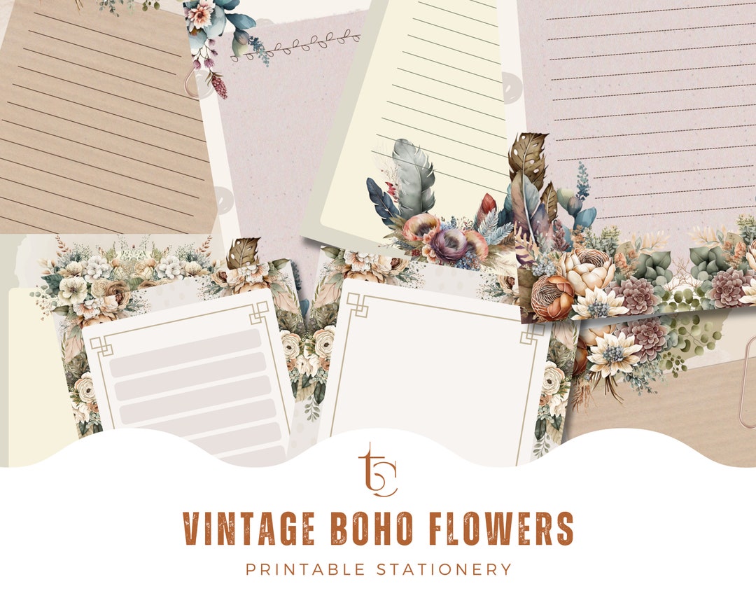 Vintage Boho Flowers - Stationery Design, Floral Prints Paper Bundle ...