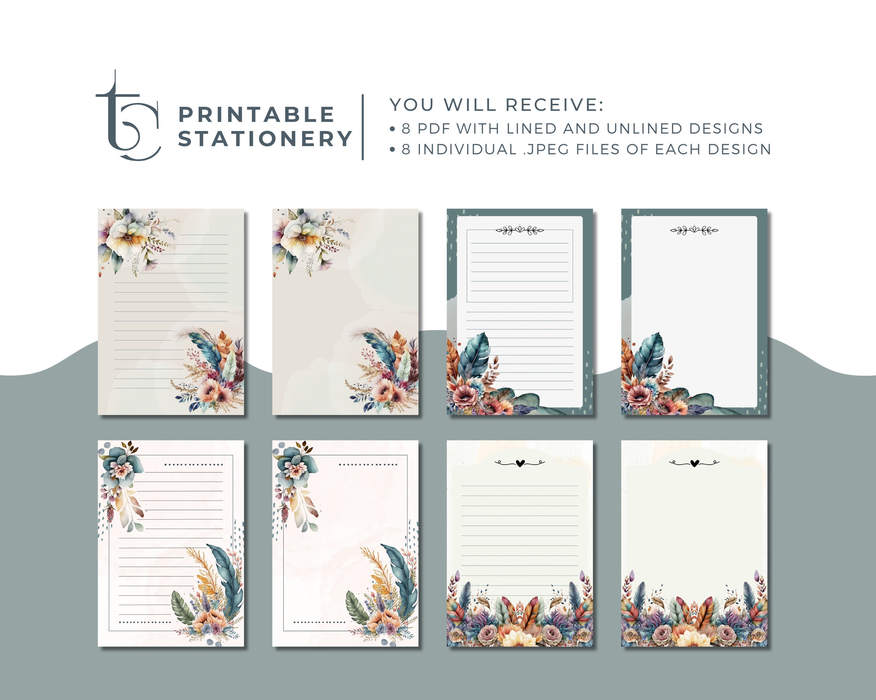 Printable Stationary Nature: Bohemian Floral Note Paper Bundle for ...