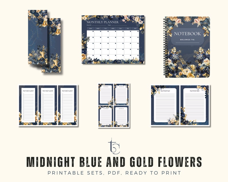 Midnight Blue and Gold Flowers Stationery Design, Floral Prints Paper ...