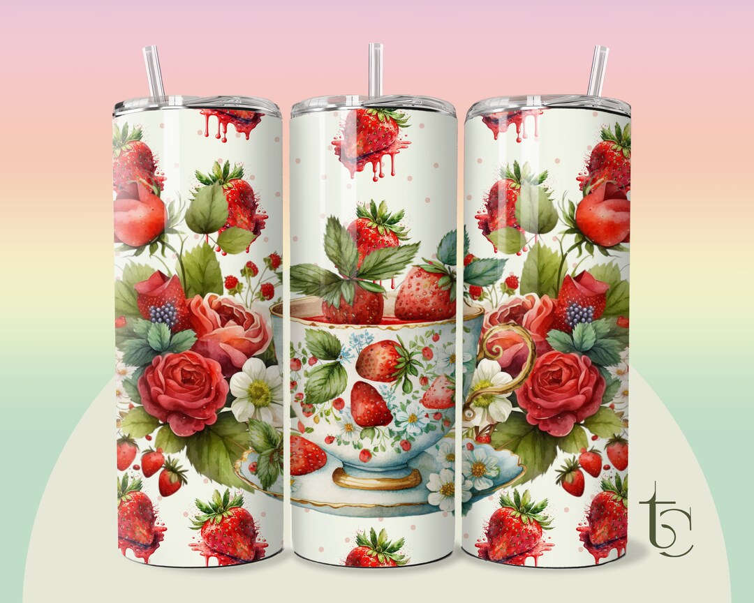 Watercolor Cute Strawberry 20 Oz Skinny Tumbler Sublimation Design ...
