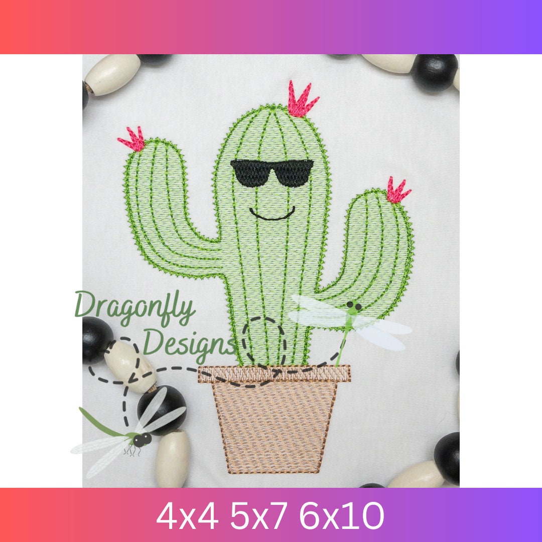 Cactus Machine Embroidery Design Summertime Vintage Style Sketch Stitch ...