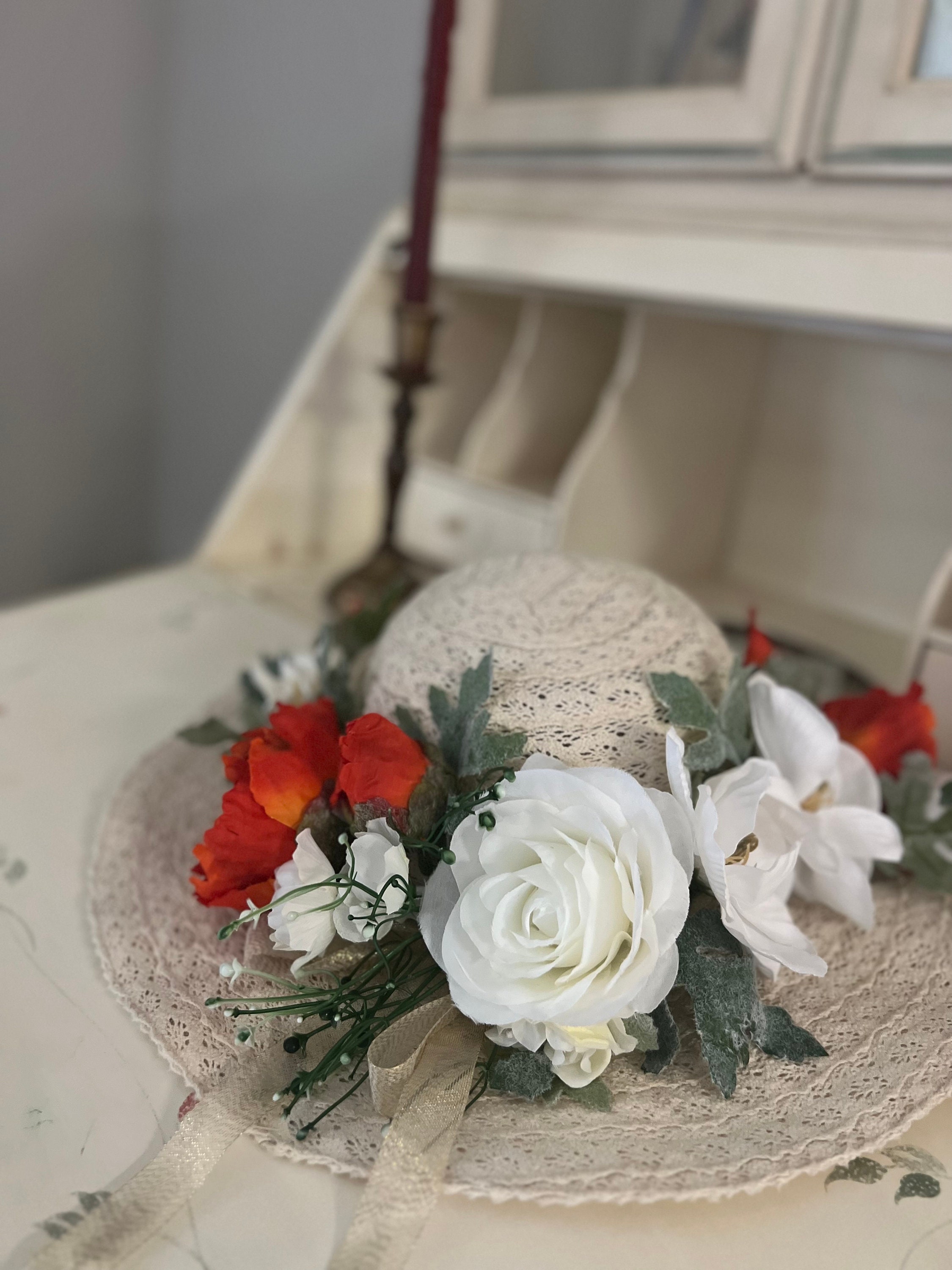 Romantic Red and White Floral Hat | Vintage Inspired Garden Hat ...
