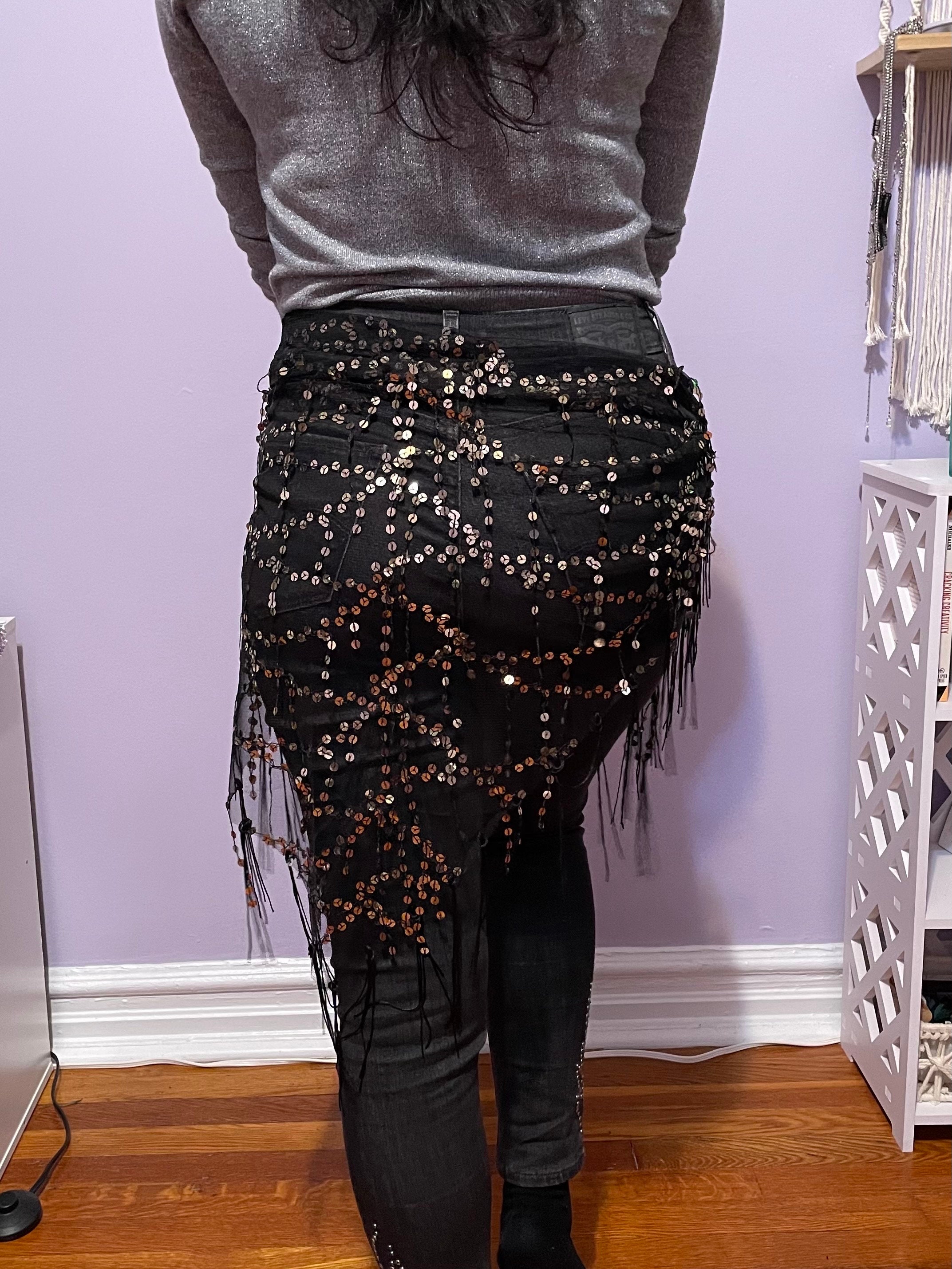 Black and Silver Belly Dance Sequins Tassel Hip Scarf Shiny Skirt One ...