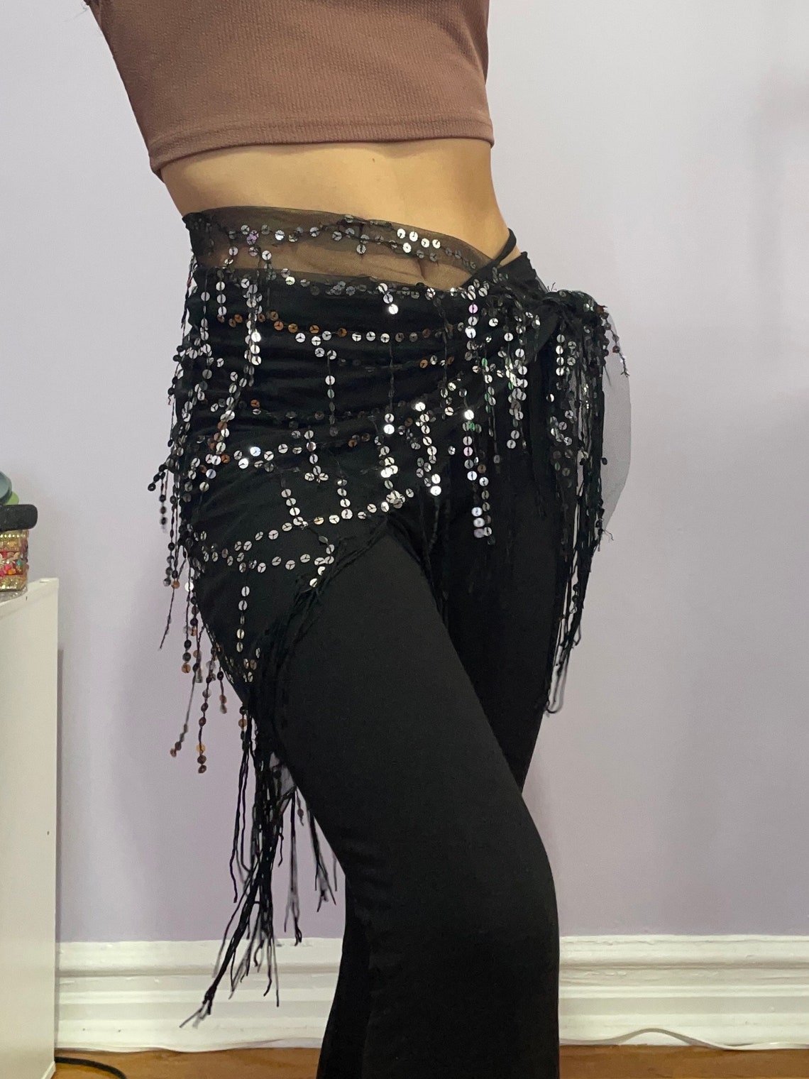 Black and Silver Belly Dance Sequins Tassel Hip Scarf Shiny Skirt - One ...