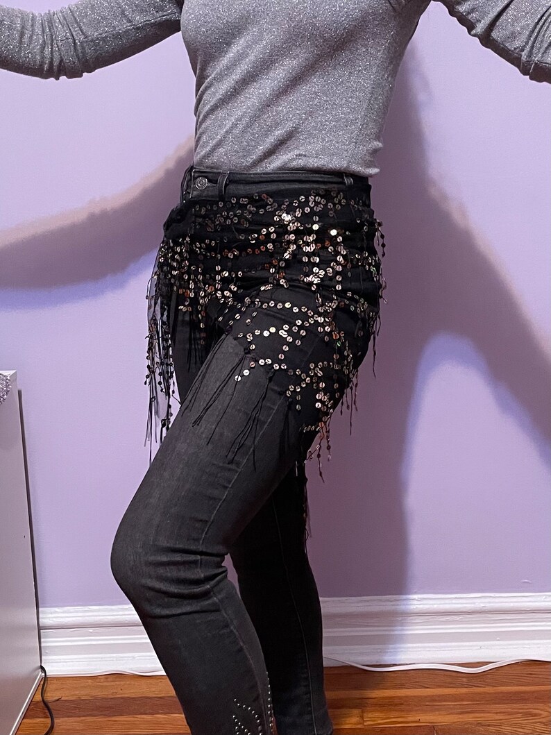 Black and Silver Belly Dance Sequins Tassel Hip Scarf Shiny Skirt One ...