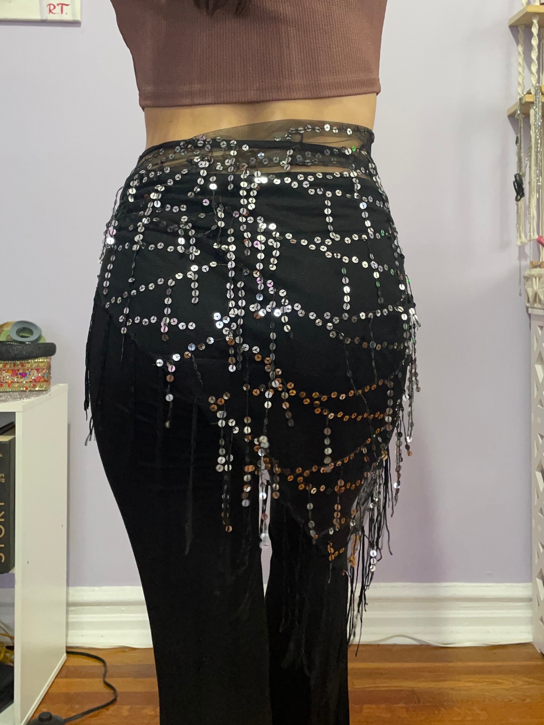 Black and Silver Belly Dance Sequins Tassel Hip Scarf Shiny Skirt - One ...