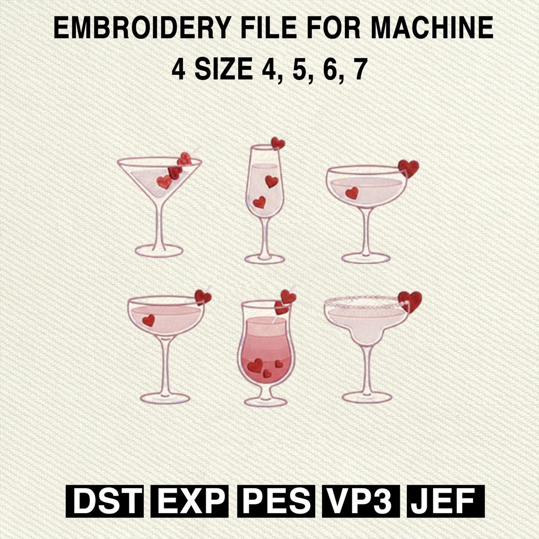 Valentine Cocktail Embroidery Design Bundle, Romantic Love Drinks ...