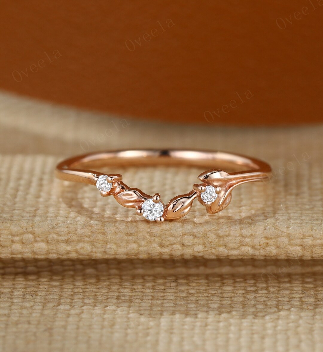Delicate Rose Gold Leaf Ring Minimalist Round Cut Moissanite Wedding ...